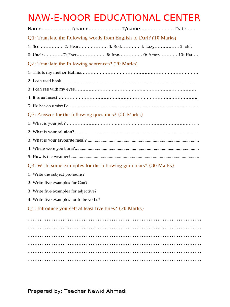 Dari Language Translation Exercises | PDF