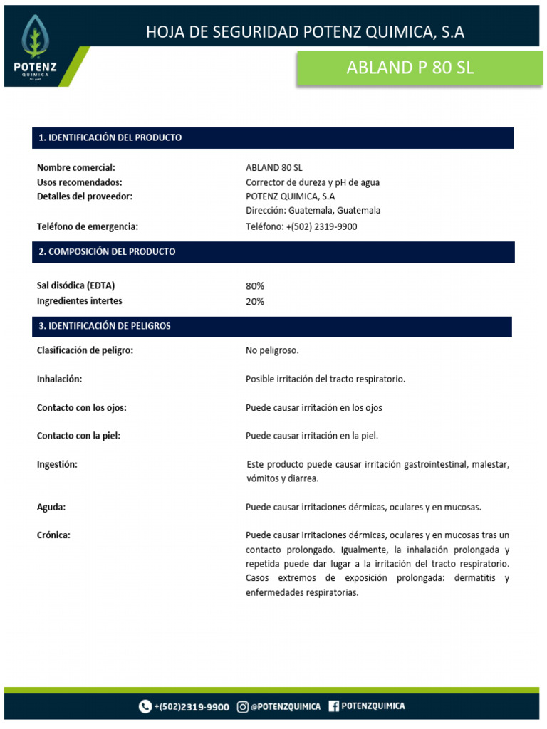 03 Hoja de Seguridad ABLAND P 80 SL (Potenz Química S.A.) | PDF | Agua | Combustión