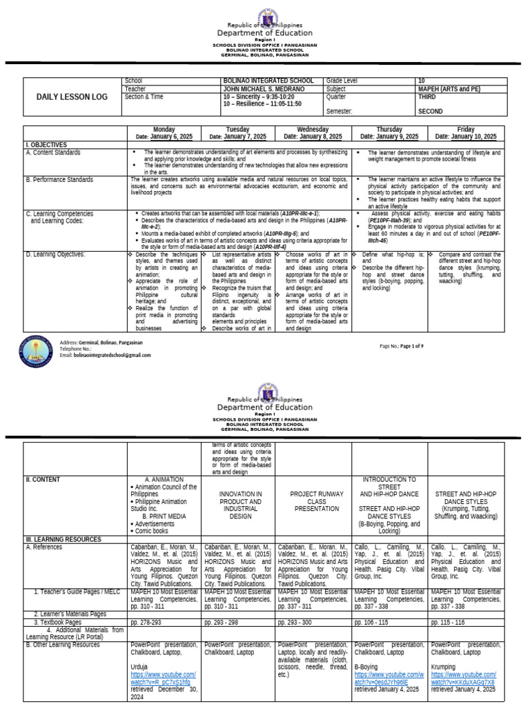 DLP ARTS and PE 10 (Q3) - WEEK 3 | PDF | Learning | Dances