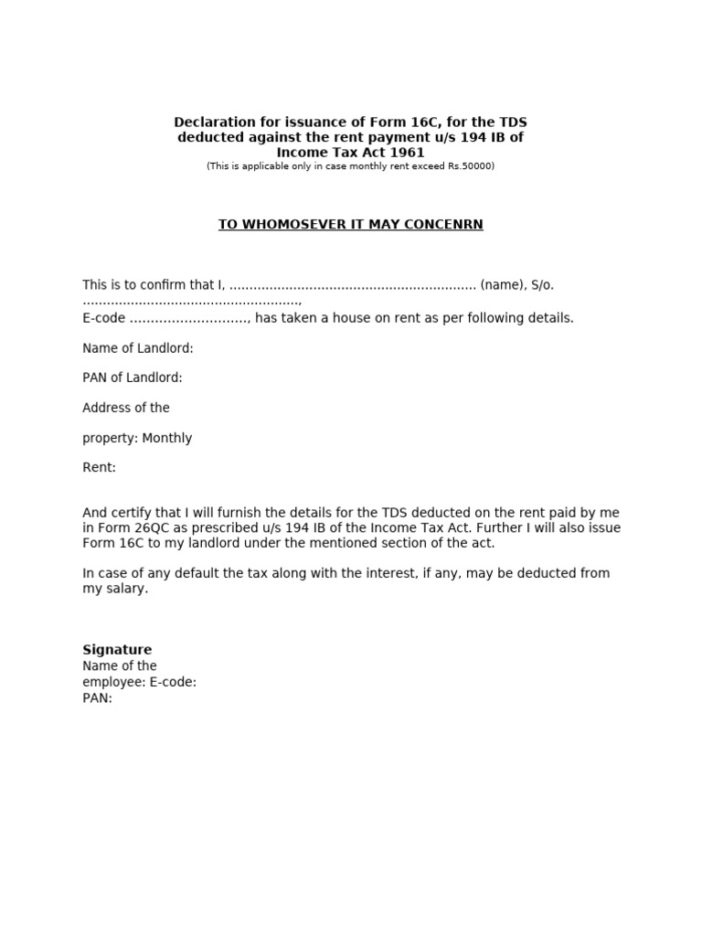 Declaration Issuance of Form 16C SE | PDF