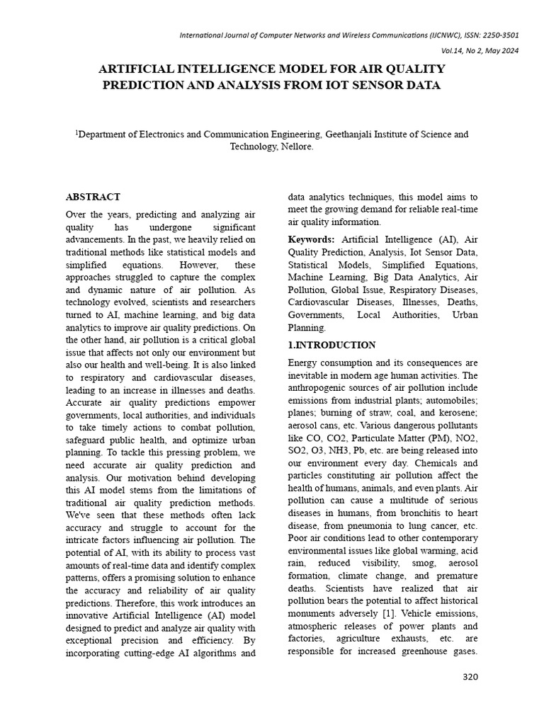 Artificial Intelligence Model For Air Quality Prediction And Analysis From Iot Sensor Data Pdf