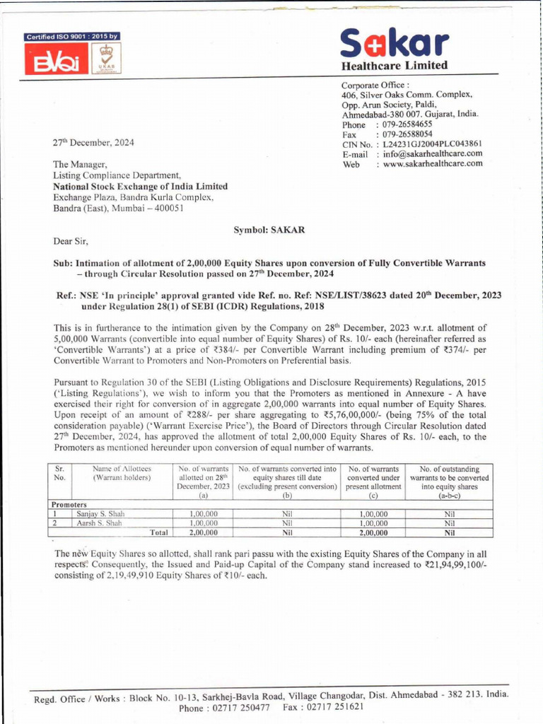 SAKAR 27122024134429 Outcome Sakar | PDF | Equity (Finance) | Warrant (Finance)