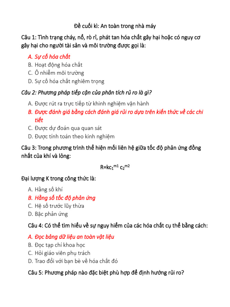 Đề Cuối Kì AN TOÀN TRONG NHÀ MÁY HÓA CHẤT | PDF