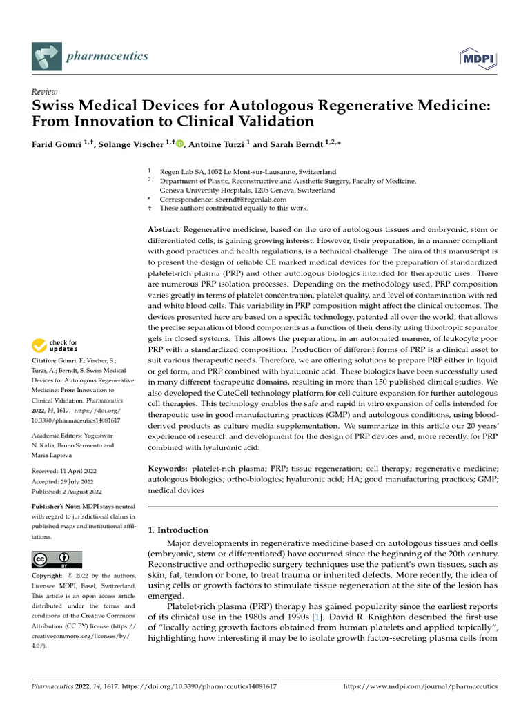 (Gomri, 2022) Swiss Medical Devices For Autologous Regenerative ...