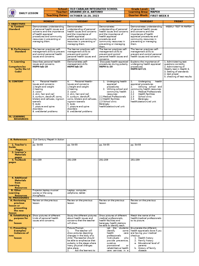 DLL-MAPEH-Q1-W8 | PDF | Teachers | Screening (Medicine)