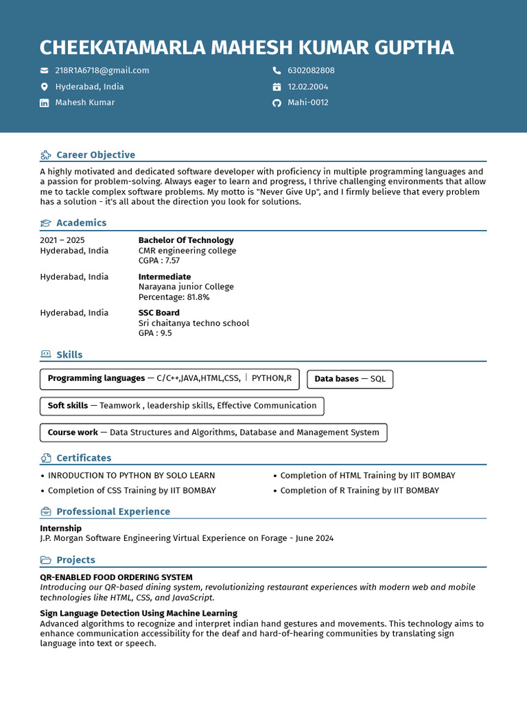 Software Developer Resume of Mahesh Kumar | PDF