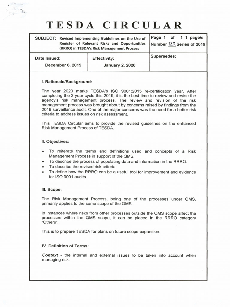 TESDA Circular No. 133-2019 - Revised Guidelines For RRRO | PDF | Risk ...