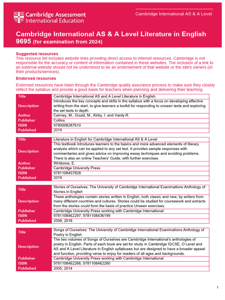 9695 Suggested Resources (For Examination From 2024) | PDF | Poetry ...