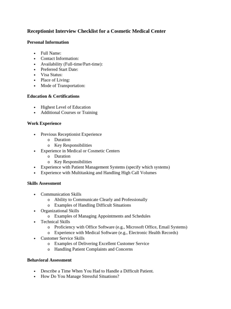 Medical Receptionist Interview Checklist | PDF | Communication | Patient