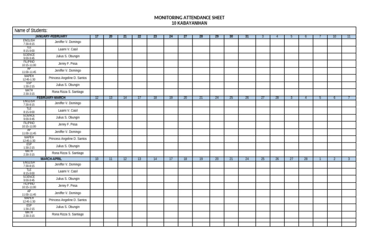 Student Attendance Monitoring Sheet | PDF