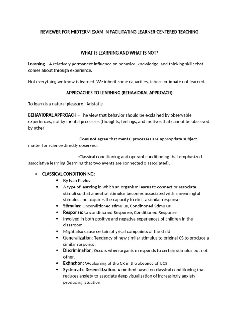 Midterm Review: Learner-Centered Teaching | PDF | Classical Conditioning | Reinforcement