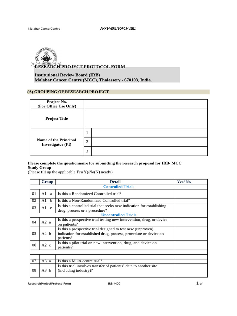 Research Protocol Submission Form IRB-MCC 2013 | PDF | Institutional Review Board | Clinical Trial