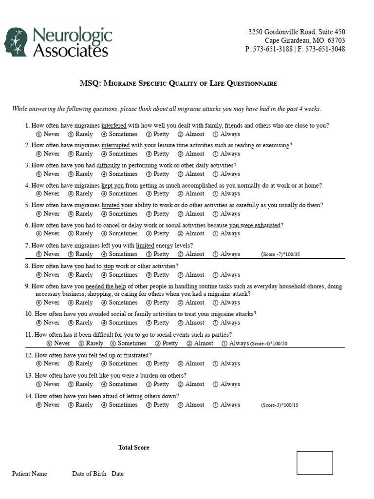 Migraine Specific Quality of Life Questionnaire - Updated | PDF | Human ...