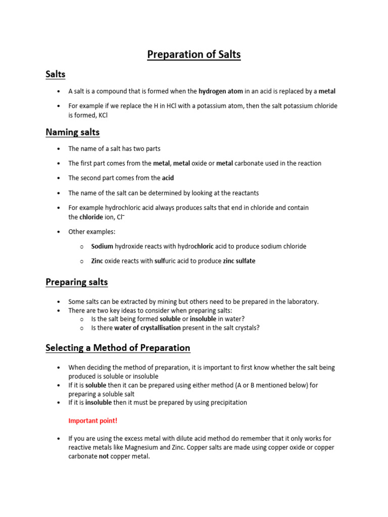 Preparation of Salts Notes | PDF | Salt (Chemistry) | Sodium Chloride