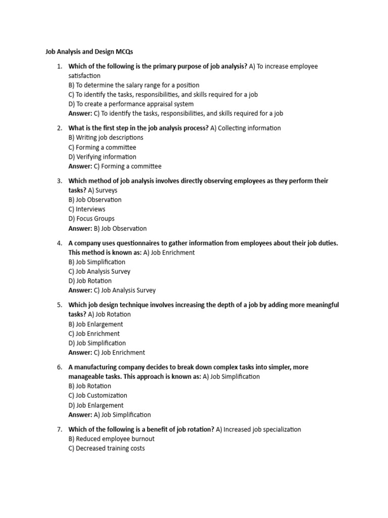 Job Analysis and Design MCQs | PDF | Employment | Workplace