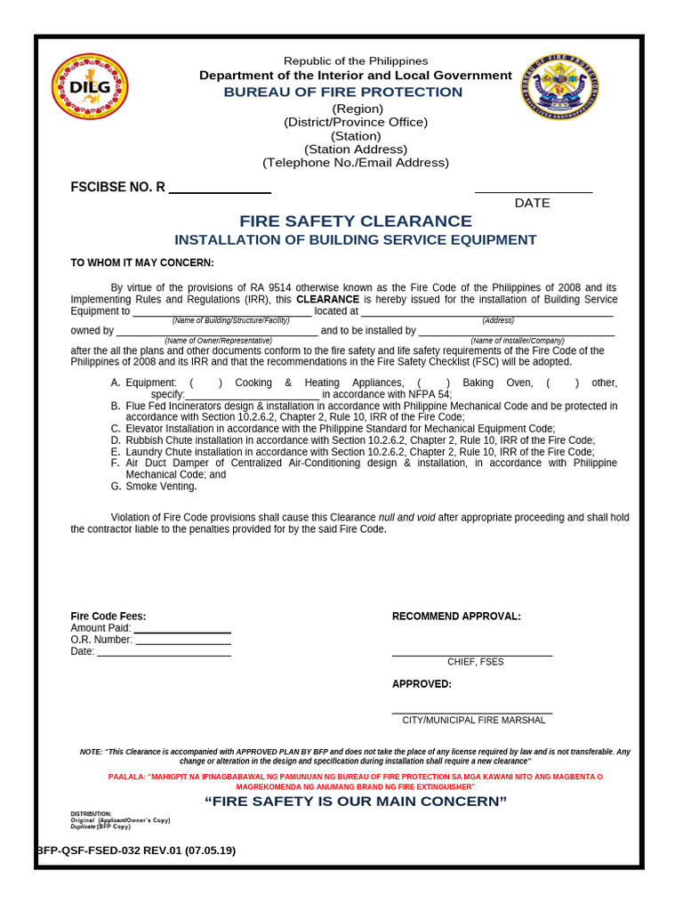 FSED 032 Fire Safety Clearance - Installation of BLDG Service Equipment ...