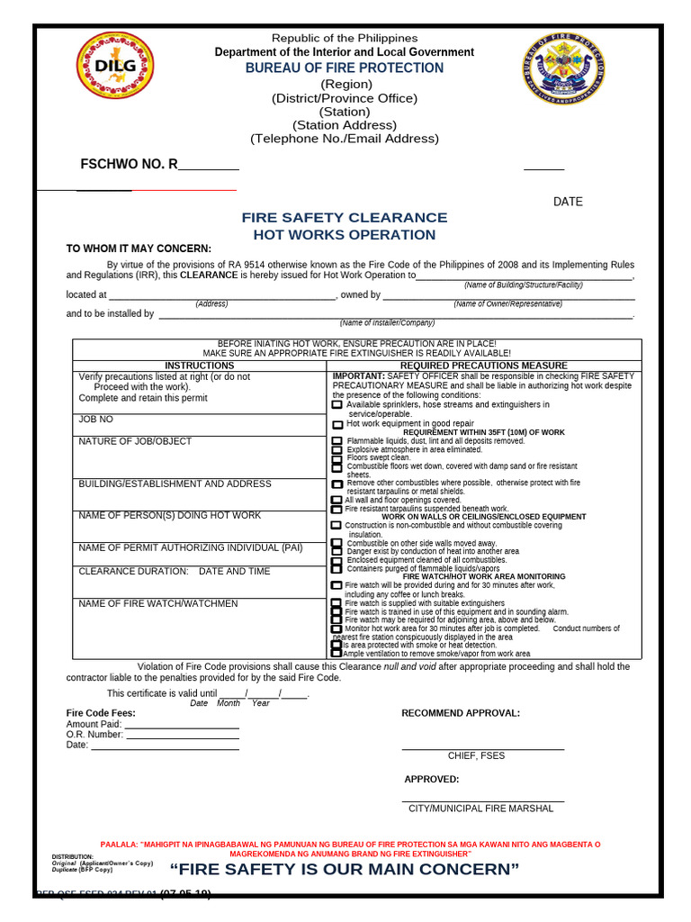 FSED 034 Fire Safety Clearance - Hot Works Operation REV 1 | PDF | Fire Safety | Fires
