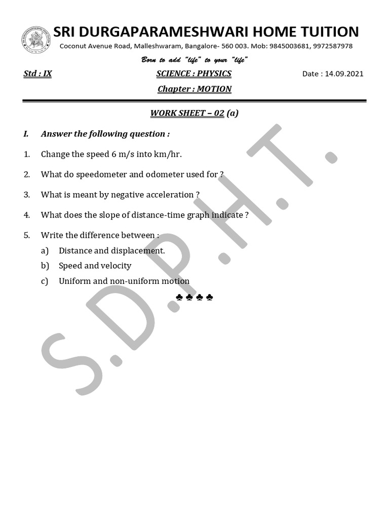IX std Physics worksheet - 2(a) Motion | PDF