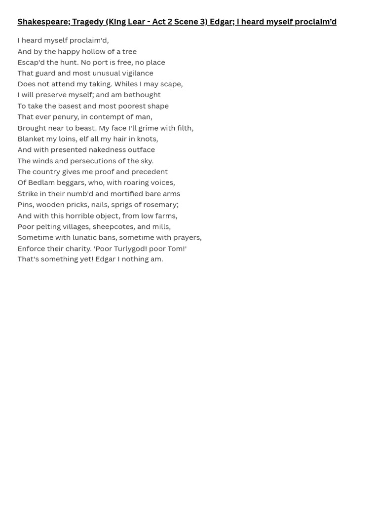 Shakespeare Tragedy (King Lear - Act 2 Scene 3) Edgar I Heard Myself ...