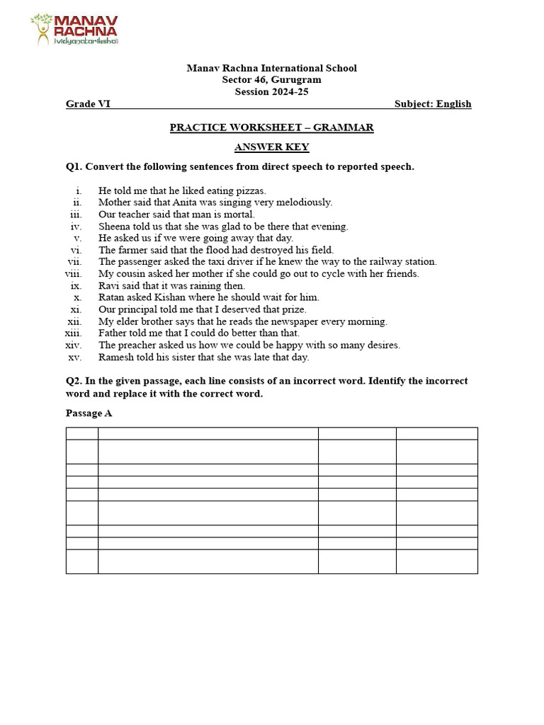 GR VI - Answer Key - English Grammar Practice Worksheet. | PDF