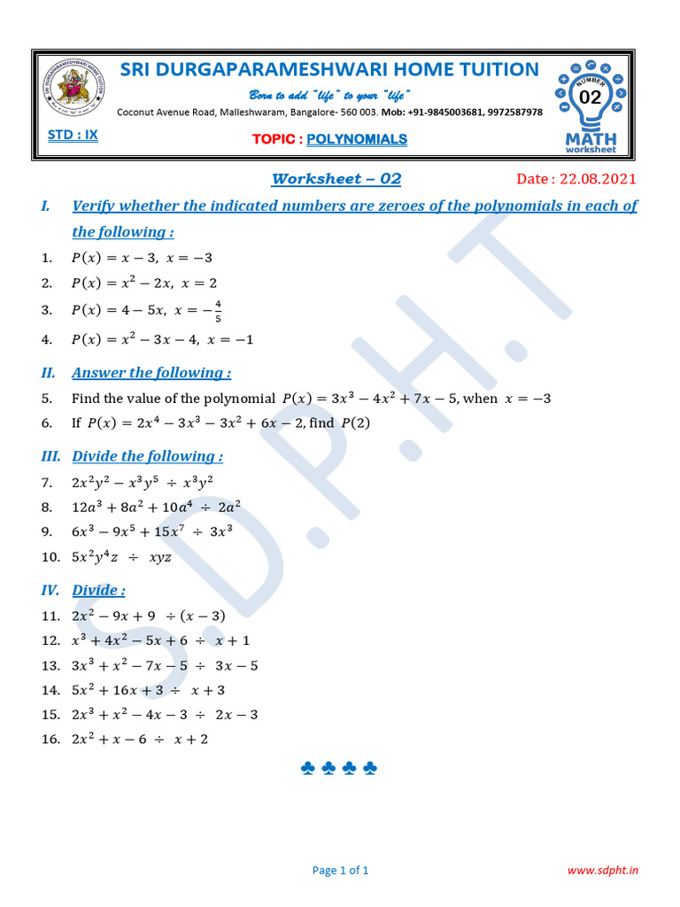 Class 9 Polynomials Worksheet | PDF