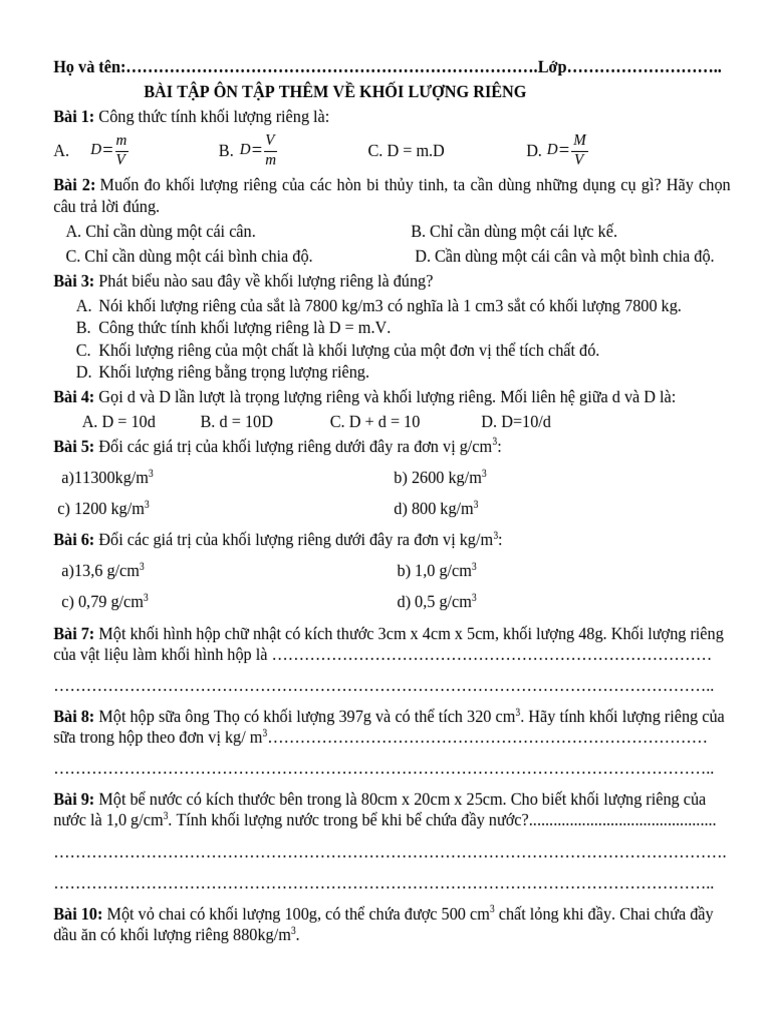 Khtn8 Bai Tap On Tap Ve Khoi Luong Rieng 153202417 | PDF
