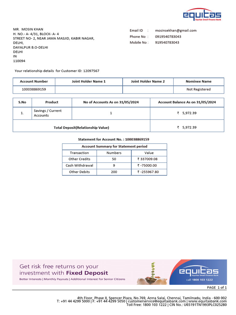 Equitas Bank Account Statement Summary | PDF | Cheque | Banks