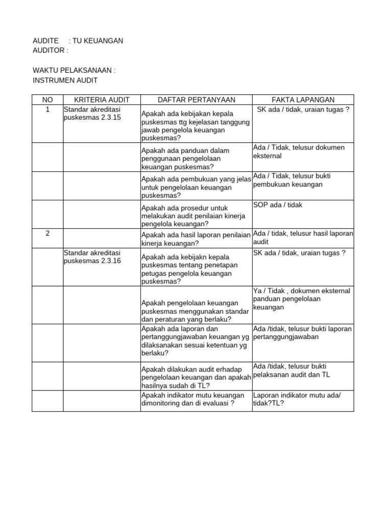 instrumen audit keuangan,TB Kusta,Laboratorium new | PDF
