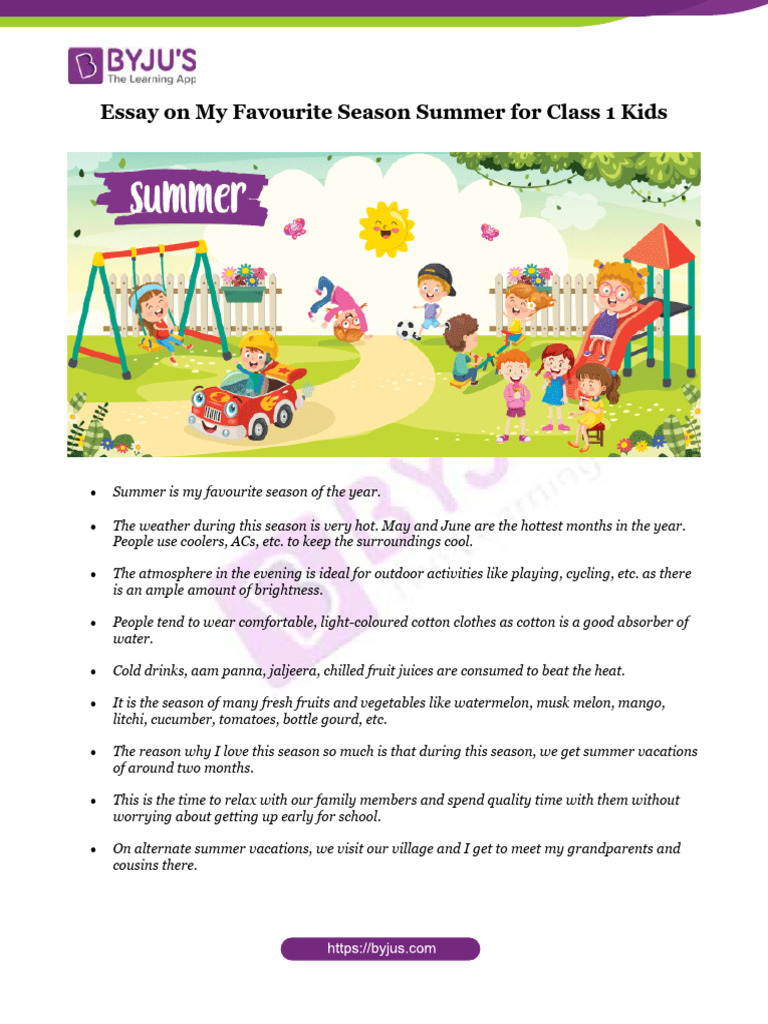 Essay On My Favourite Season Summer For Class 1 | PDF