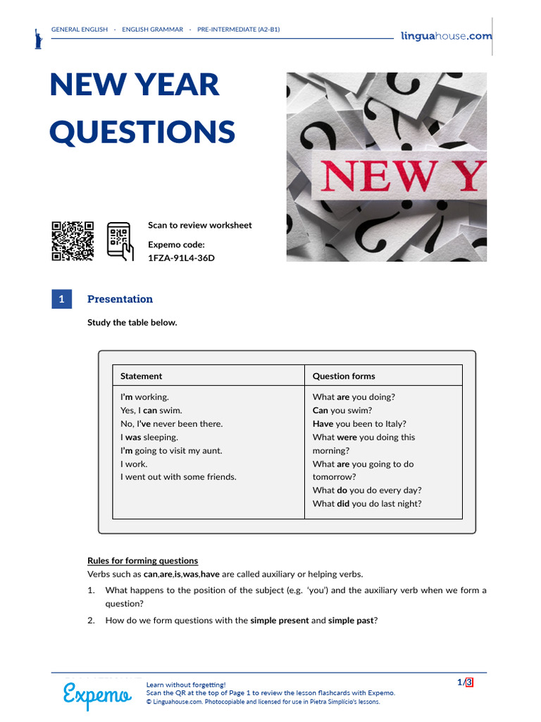 New Year Questions American English Student A2 B1 | PDF | English ...