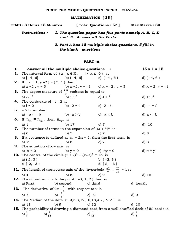 35. Mathematics Model Paperi Puc 2023-24 PDF | PDF | Mathematics