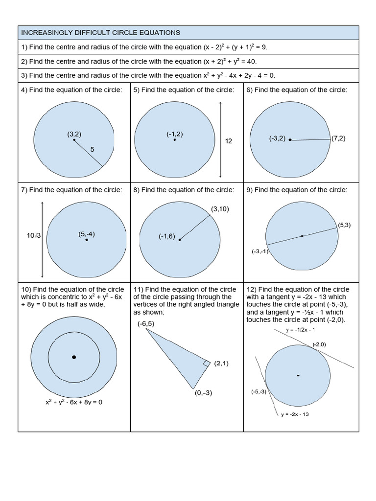 Increasingly Difficult Circle Equations | PDF