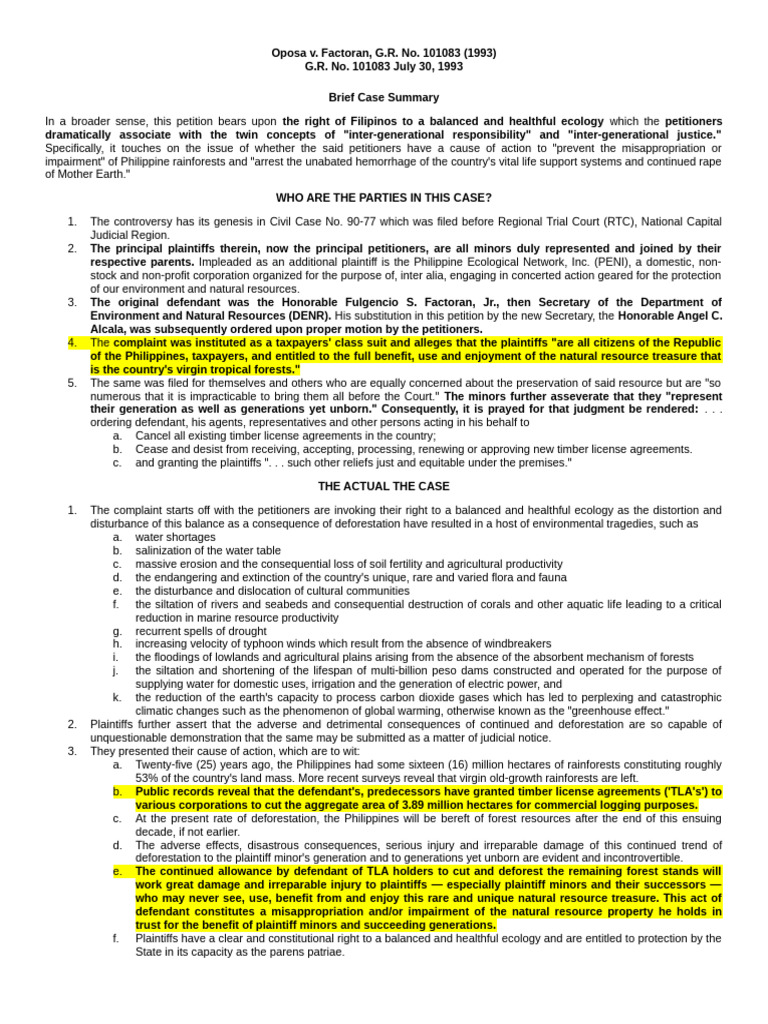 1. Oposa v. Factoran, G.R. No. 101083 (1993) | PDF | Lawsuit | Complaint