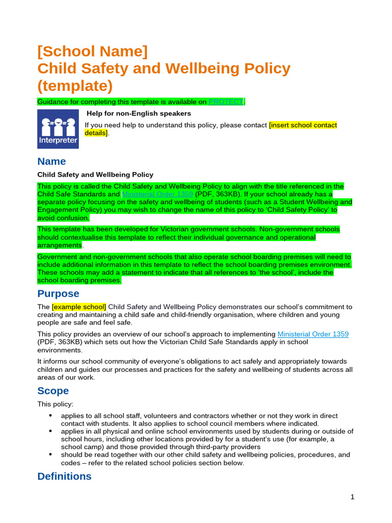 Child Safety and Wellbeing Policy Template | PDF | Child Protection ...
