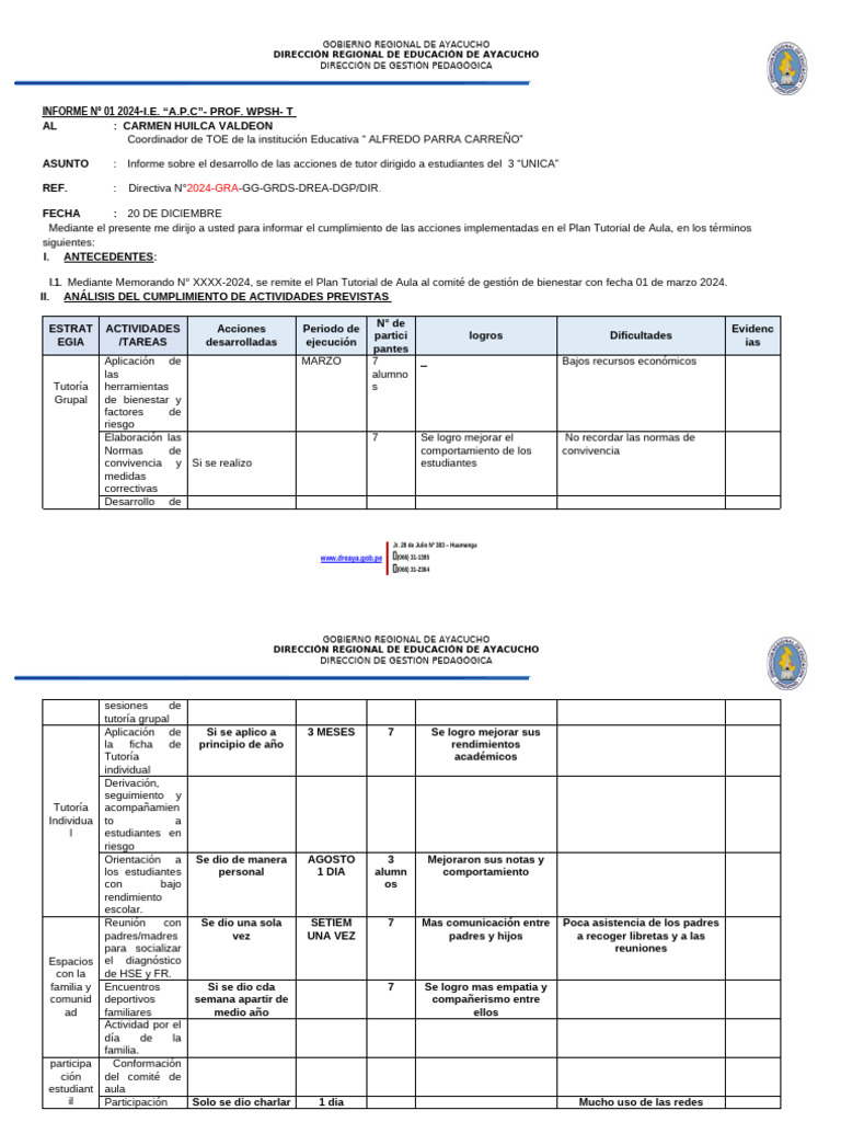 Formato de Informe de Docente Tutor 2024 | PDF