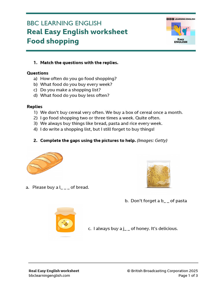 RealEasyEnglish Food Shopping Worksheet | PDF