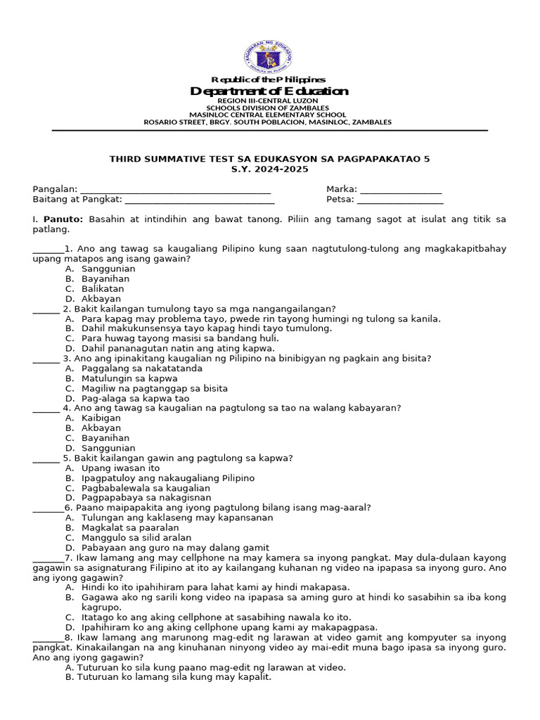 THIRD SUMMATIVE TEST SA EDUKASYON SA PAGPAPAKATAO 5 | PDF