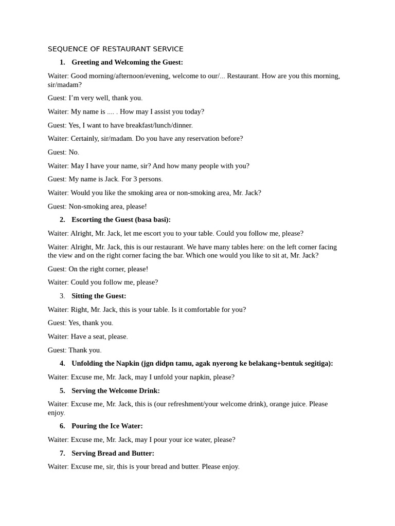 American Restaurant Service Sequence | PDF | Hors D'oeuvre | Waiting Staff
