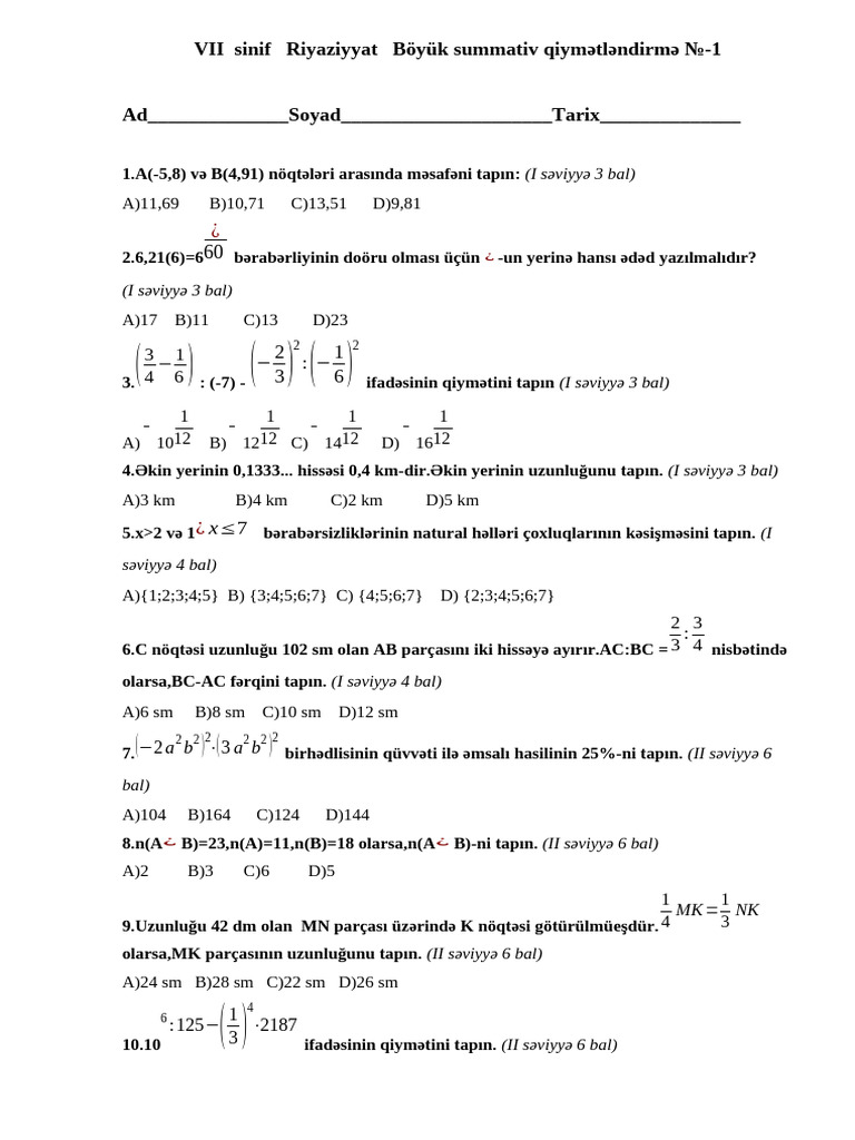 7 Sinif Riyaziyyat BSQ - 1 | PDF