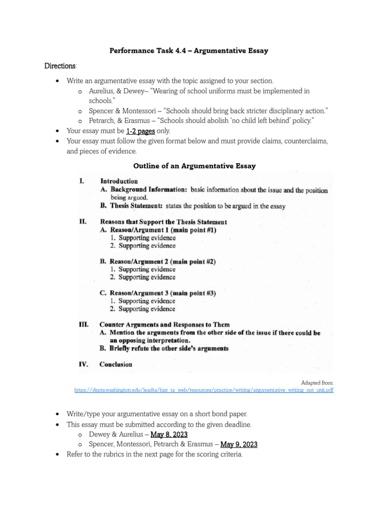 Performance Task 4.4 - Argumentative Essay | PDF | Essays
