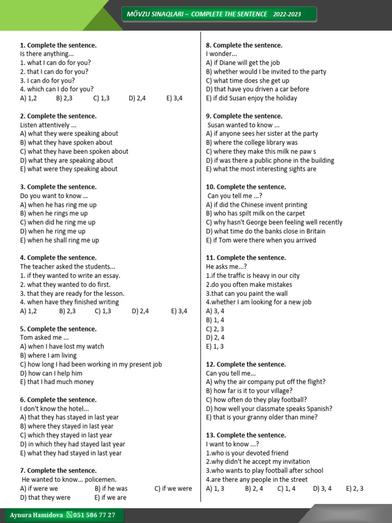 Movzu Sinaqlari Complete the Sentence | PDF