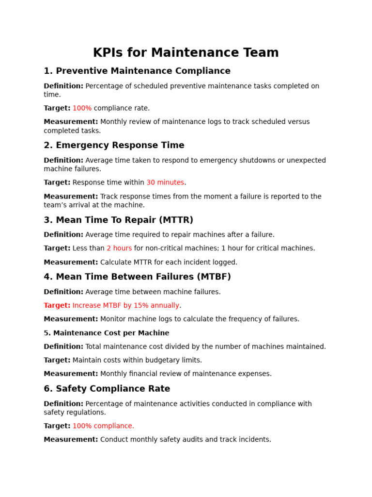 KPIs For Maintenance Team | PDF | Business