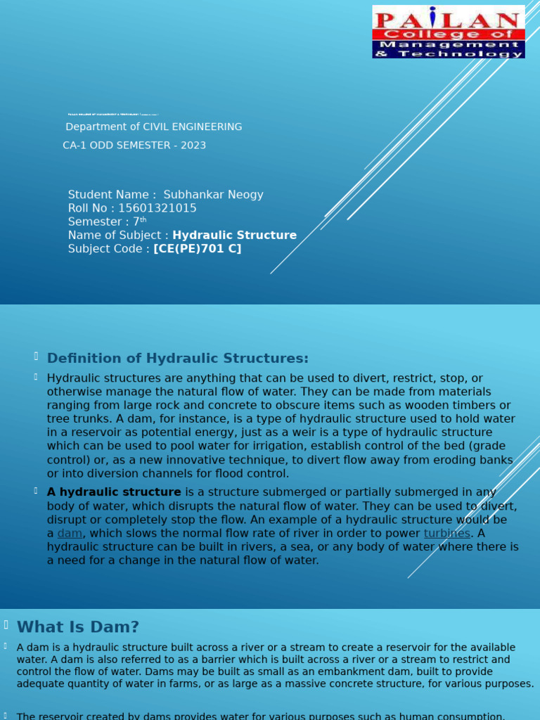 Overview of Hydraulic Structures and Dams | PDF | Dam | River
