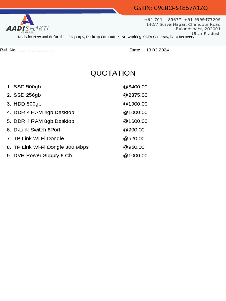 Computer Hardware Quotation March 2024 | PDF