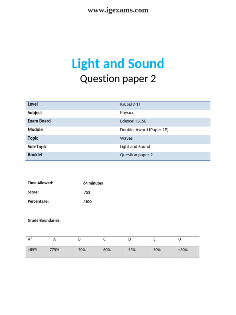 Worksheet - Light and Sound | PDF