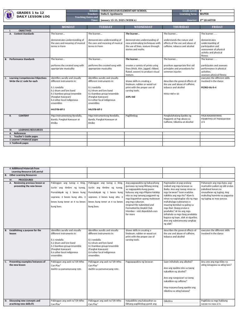 DLL - Mapeh 5 - Q3 - W6 | PDF