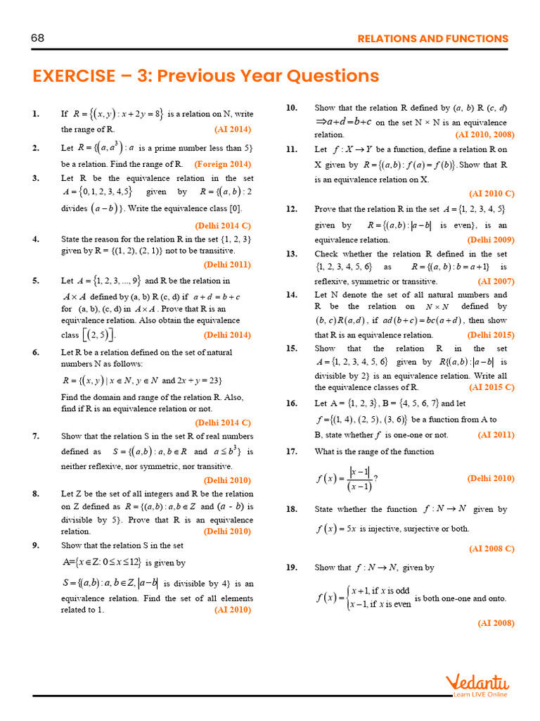 EXERCISE - 3: Previous Year Questions: R Xy X y | PDF | Function ...