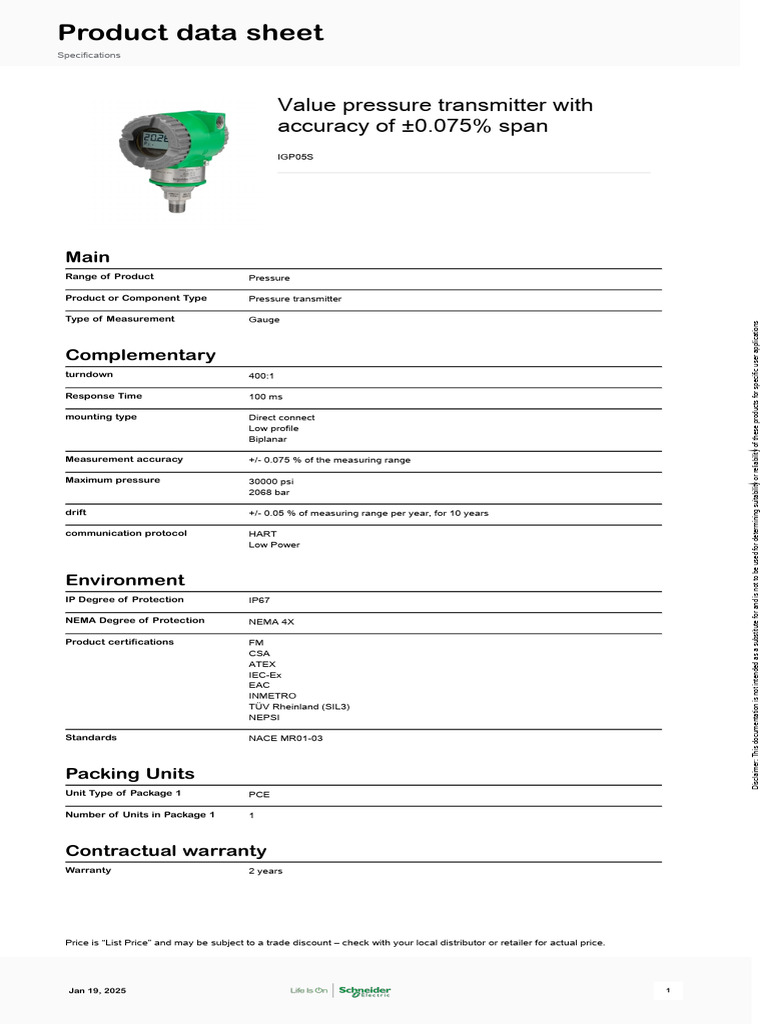 Schneider Electric - Foxboro-Pressure-Transmitters - IGP05S | PDF ...