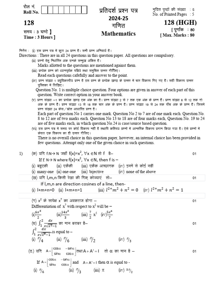 Mathematics Question Paper 2024-25 | PDF | Algebra | Elementary Geometry