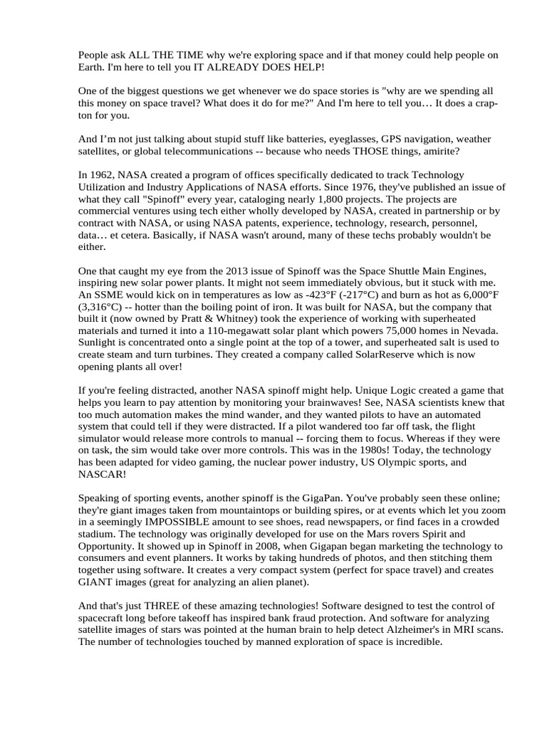 What Is Space Exploration Doing For You Script | PDF | Nasa | Spaceflight